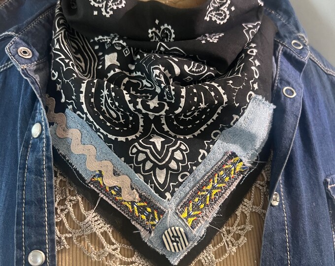 Distressed and Embellished Black Bandana , Boho Western Repurposed ...