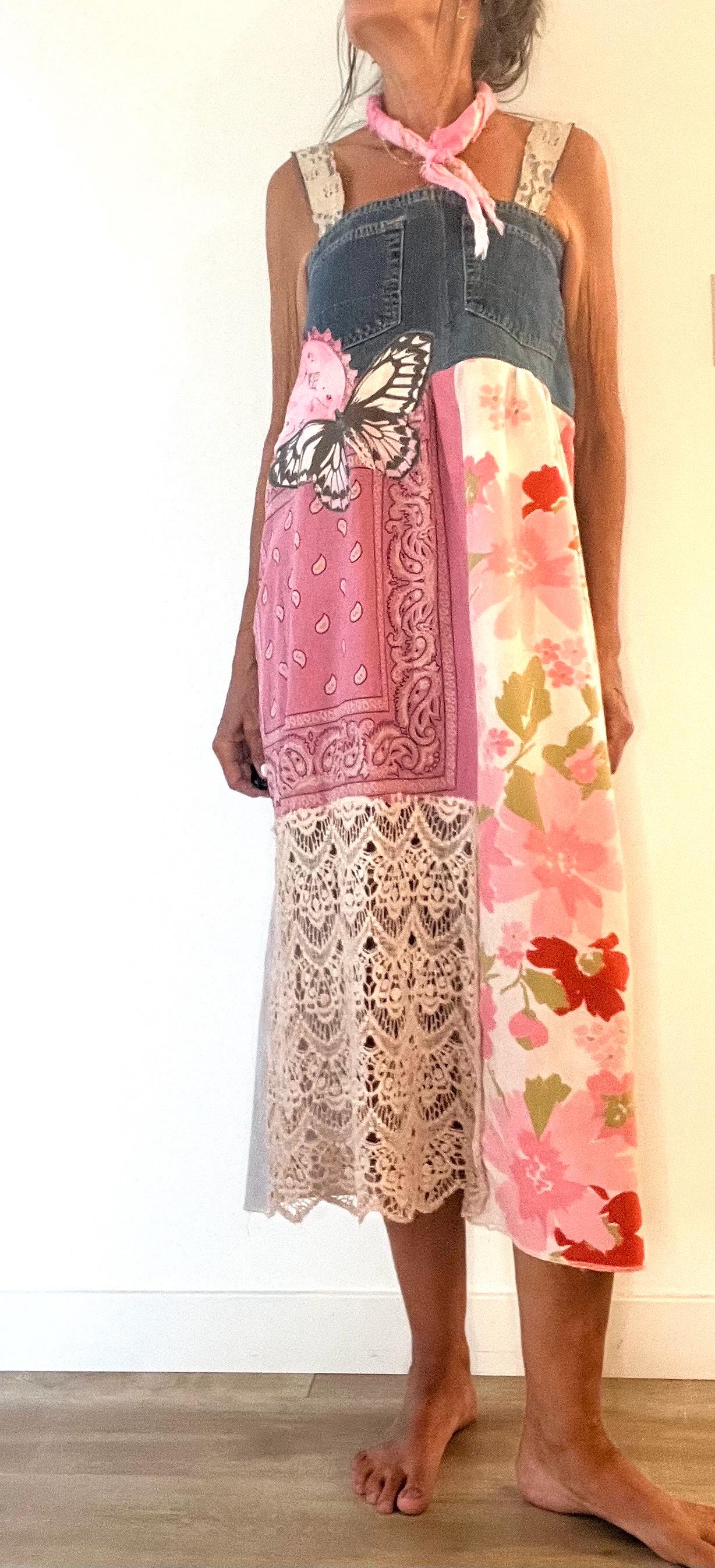 Boho Patchwork Denim Jumper Dress: Lace, Vintage Fabric & Butterfly - Etsy