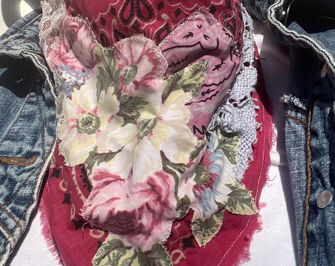 Distressed and Embellished Magnolia Flower Bandana , Boho Western ...