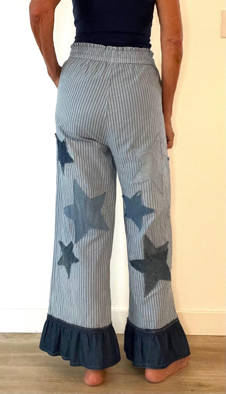 Upcycled Striped Drawstring Pants With Denim Star Patches and Ruffle ...