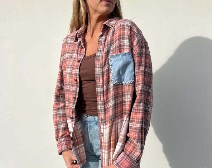 Upcycled Oversized Flannel With Denim Embroidery Pocket and Star ...
