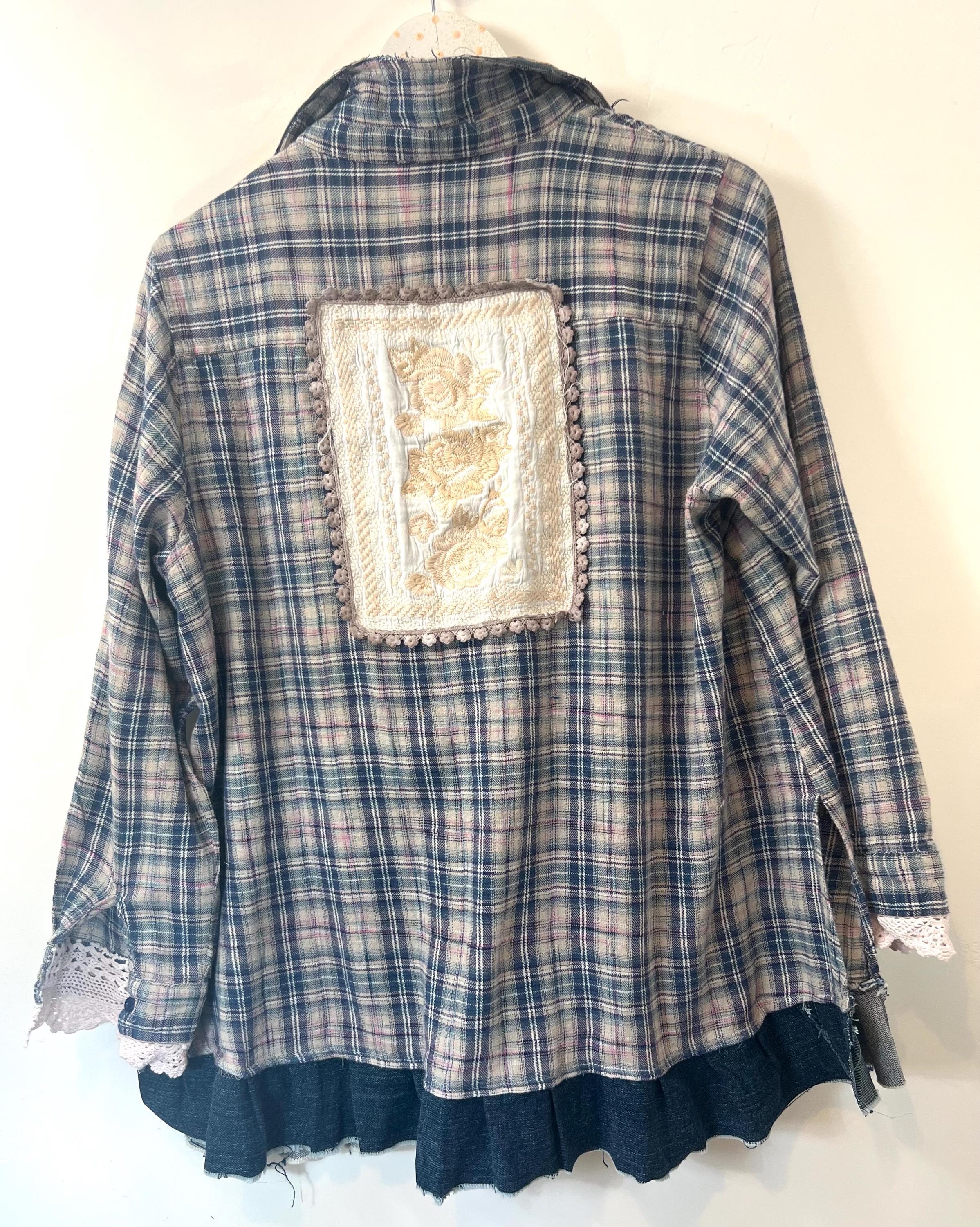 Upcycled Blue Plaid Flannel Overshirt, Patchwork Lace Detail, Boho ...