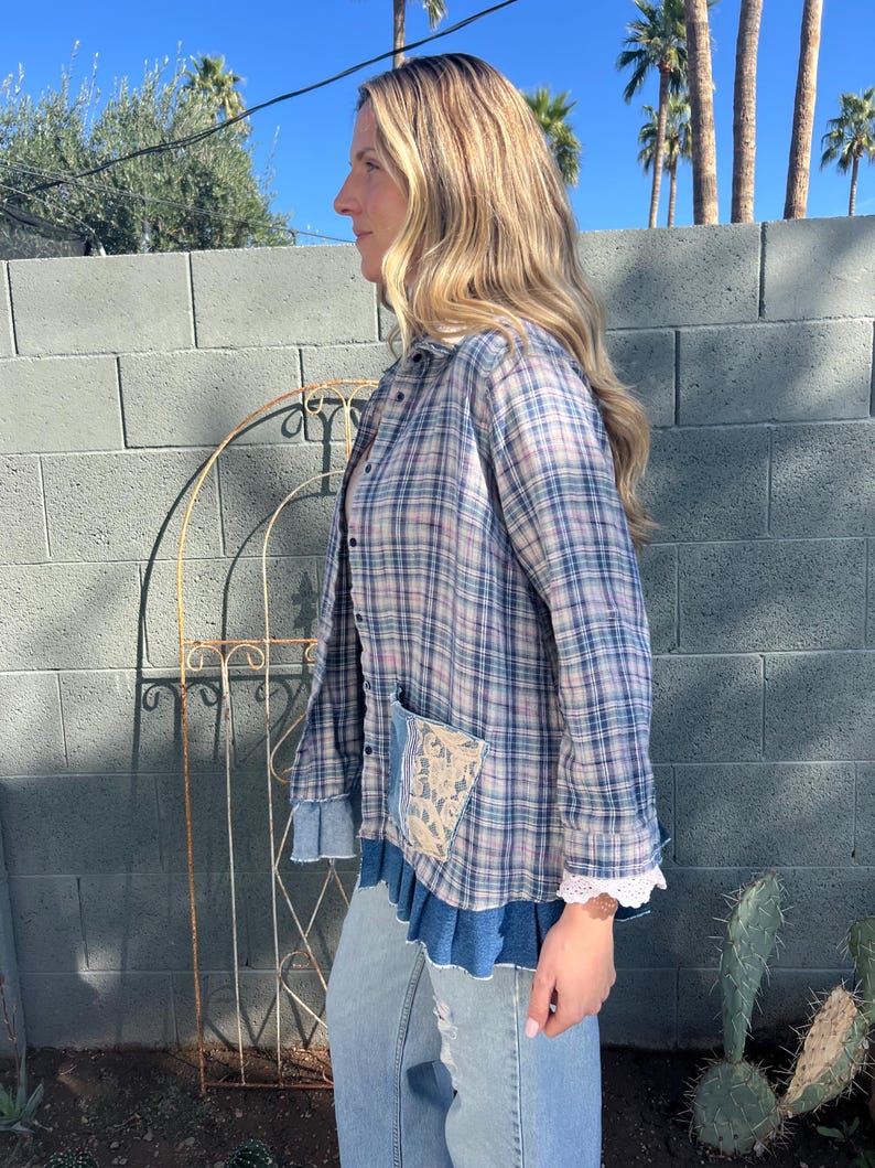 Upcycled Blue Plaid Flannel Overshirt, Patchwork Lace Detail, Boho ...