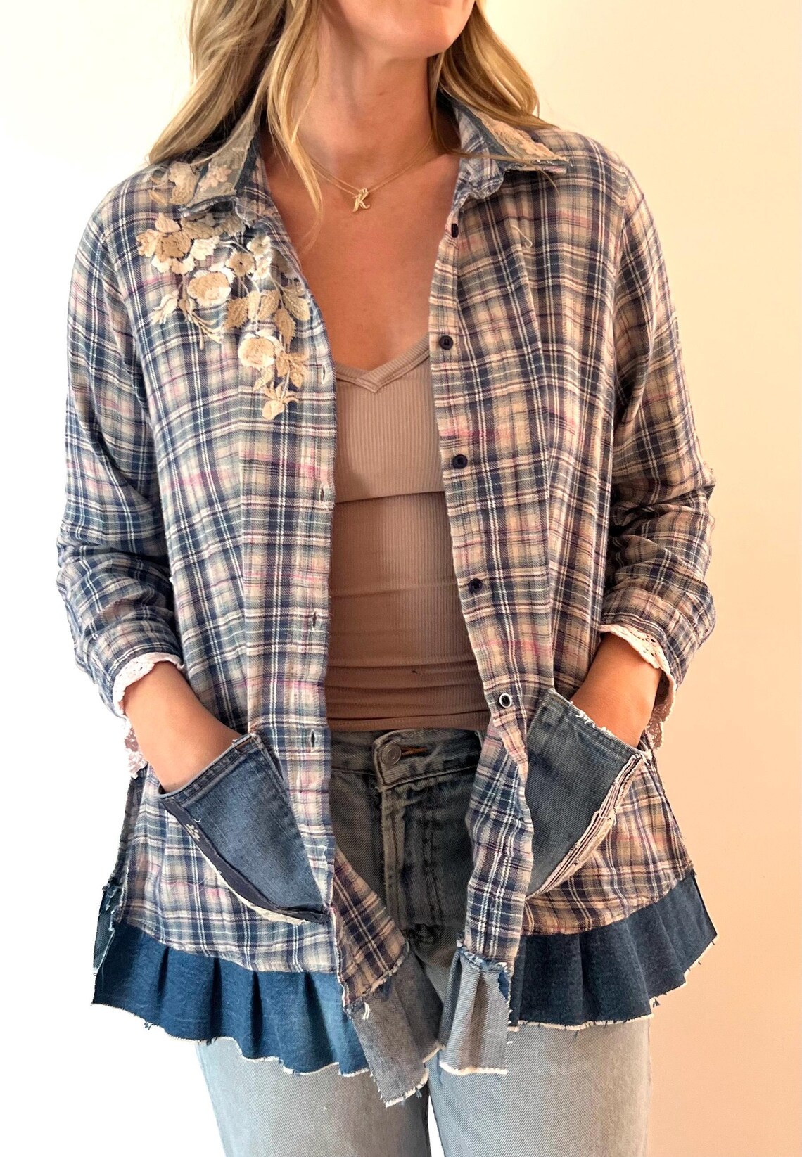 Upcycled Blue Plaid Flannel Overshirt, Patchwork Lace Detail, Boho ...