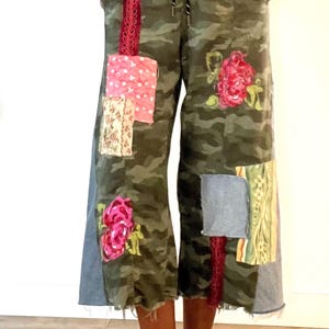 Hand-painted Camouflage Boho Pants: Upcycled Denim, Vintage Patches - Etsy