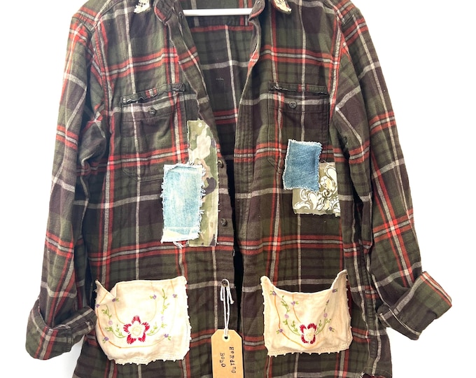Upcycled Patchwork Flannel Shirt - Plaid With Lace Collar and Vintage ...