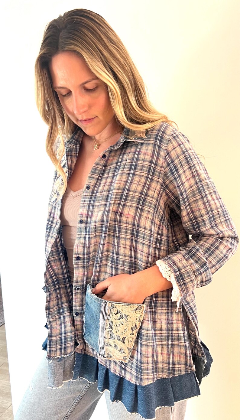 Upcycled Blue Plaid Flannel Overshirt, Patchwork Lace Detail, Boho ...