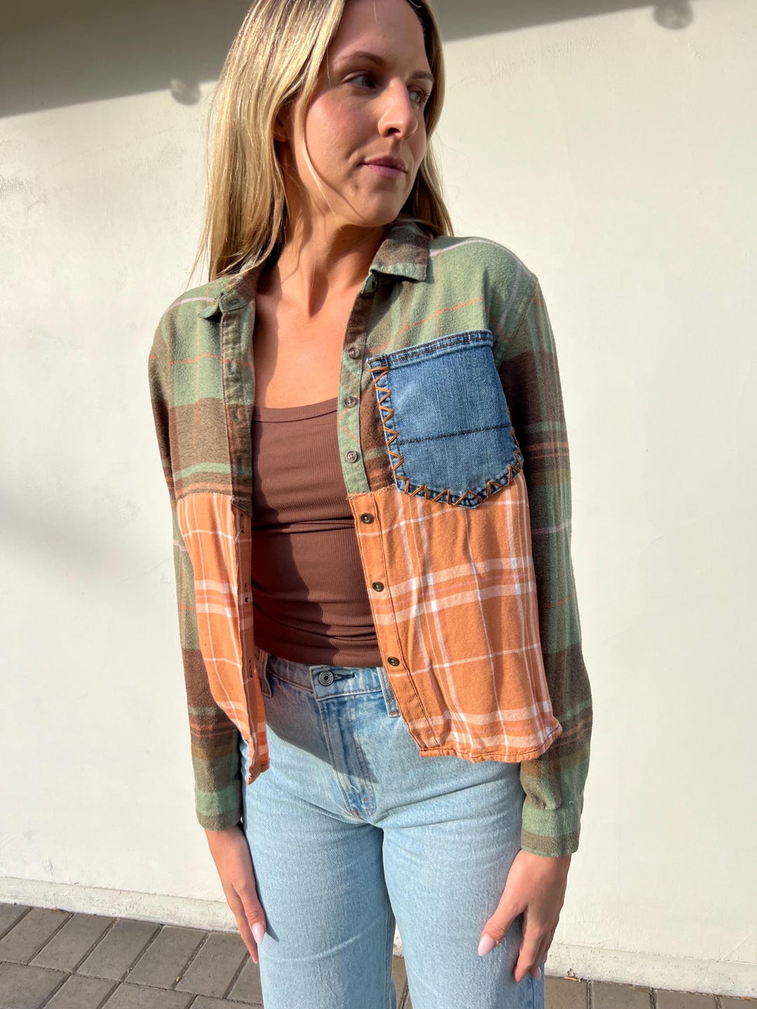 Upcycled Flannel With Linen Peace Hand Embroidered Applique on Back ...