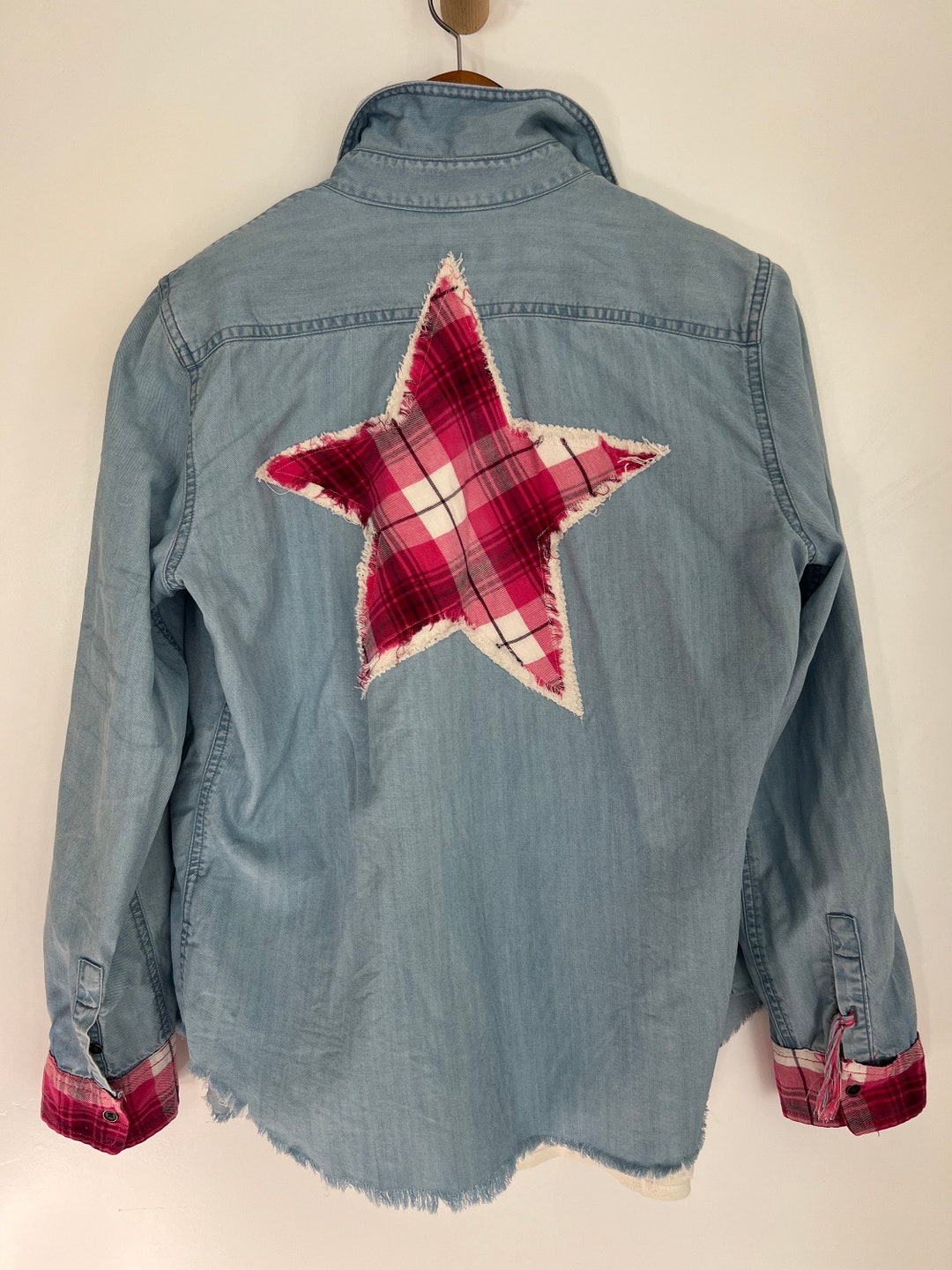 Embellished Star Patch Jean Shirt, Long Sleeve Denim Top, Upcycled Jean ...