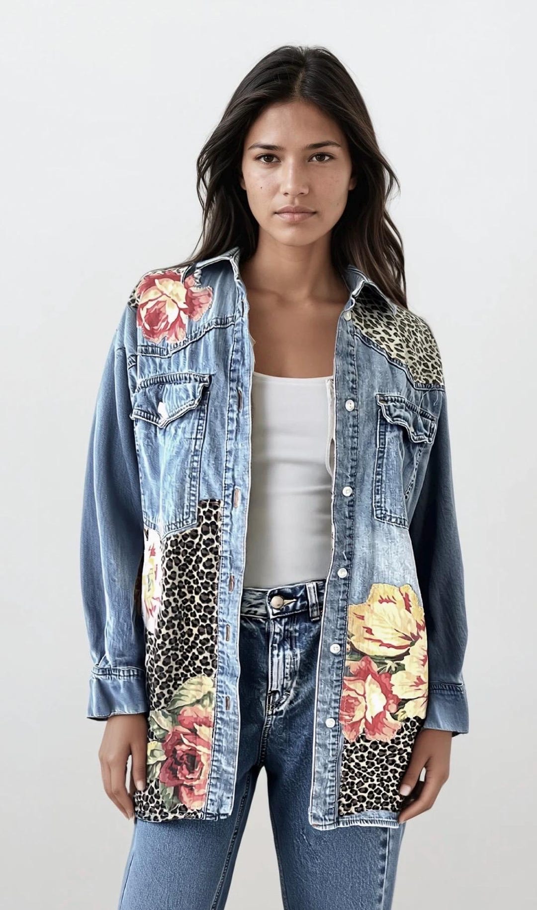 Upcycled Denim Shacket: Leopard & Floral Patches, Boho Layering Piece ...