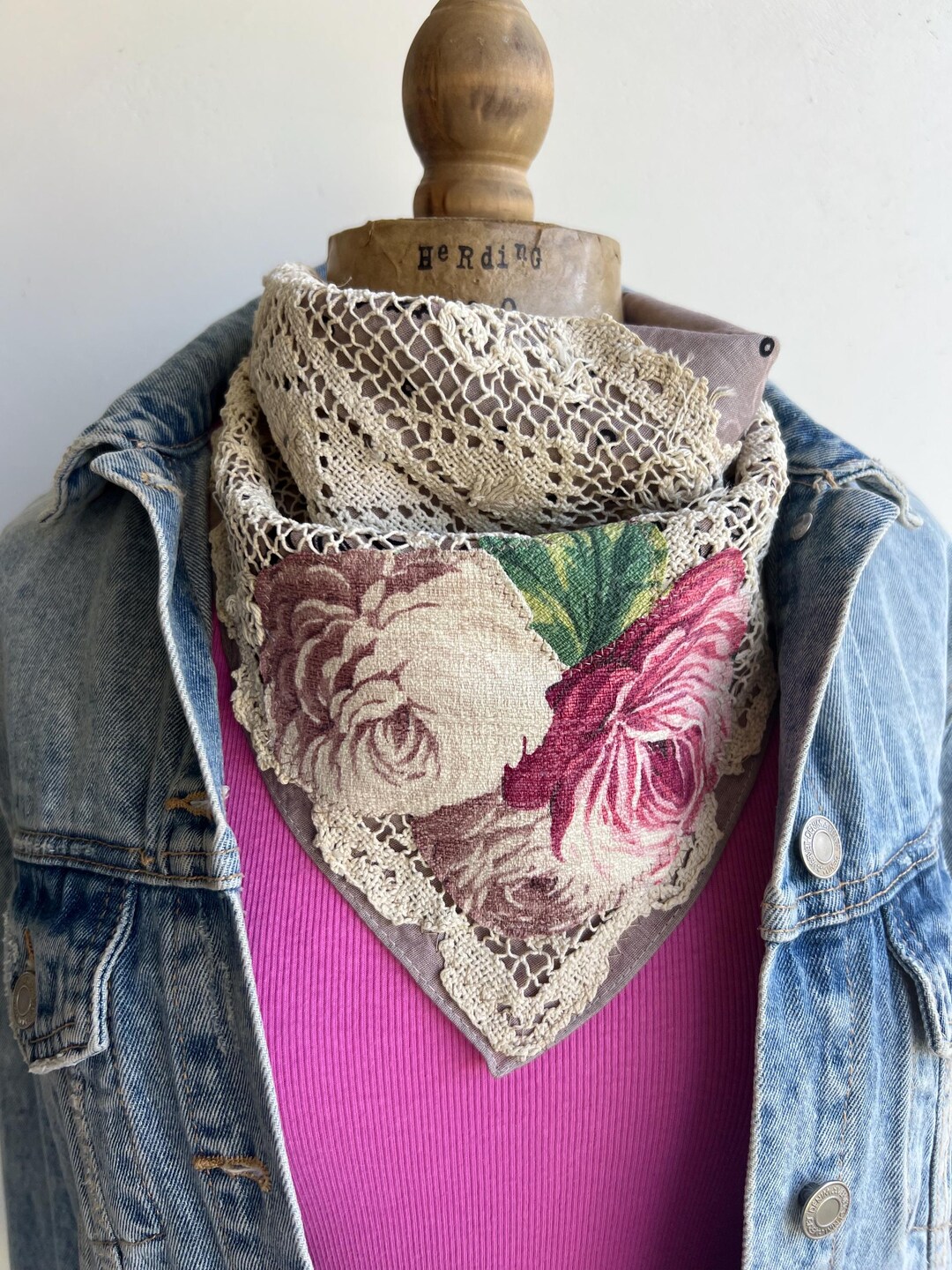 Distressed and Embellished Vintage Lace Bandana , Barkcloth Magnolia ...