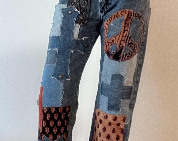 Boho Chic Cross Patched Denim Patched Upcycled Jeans, Festival Inspo ...