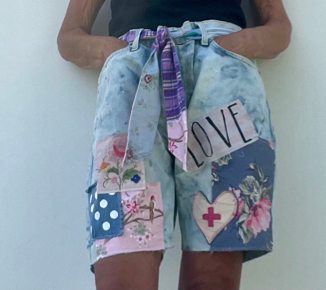 Upcycled Bleached Levi Shorts With Floral and Denim Patches, Boho ...