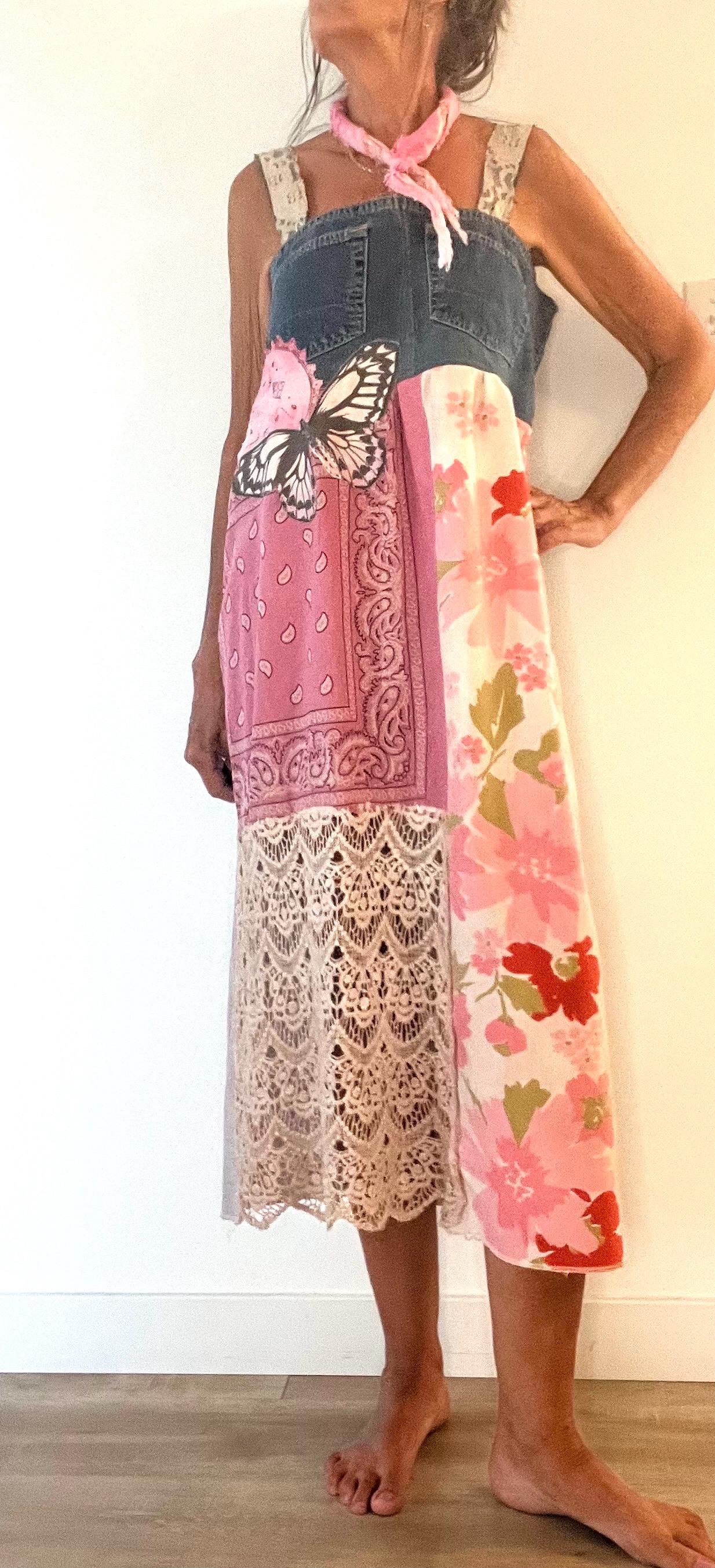 Boho Patchwork Denim Jumper Dress: Lace, Vintage Fabric & Butterfly - Etsy