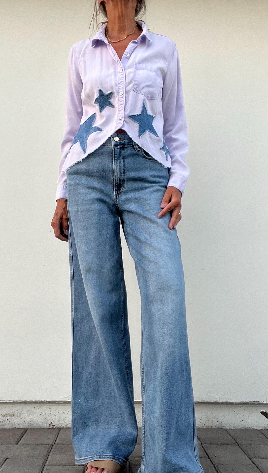 Star Patch Button Down Shirt, Long Sleeve Size L Upcycled Old Navy ...