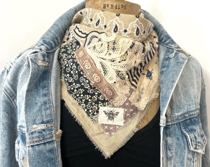 Distressed Tan Bandana: Vintage Lace, Bee Applique - Boho Chic - Etsy