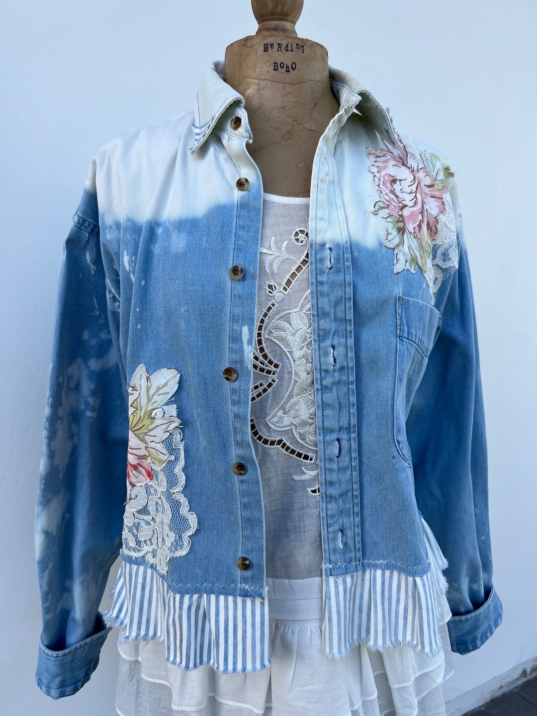Cropped Jean Shirt Jacket, Bleached Jean Shirt, Flower and Lace Patch ...
