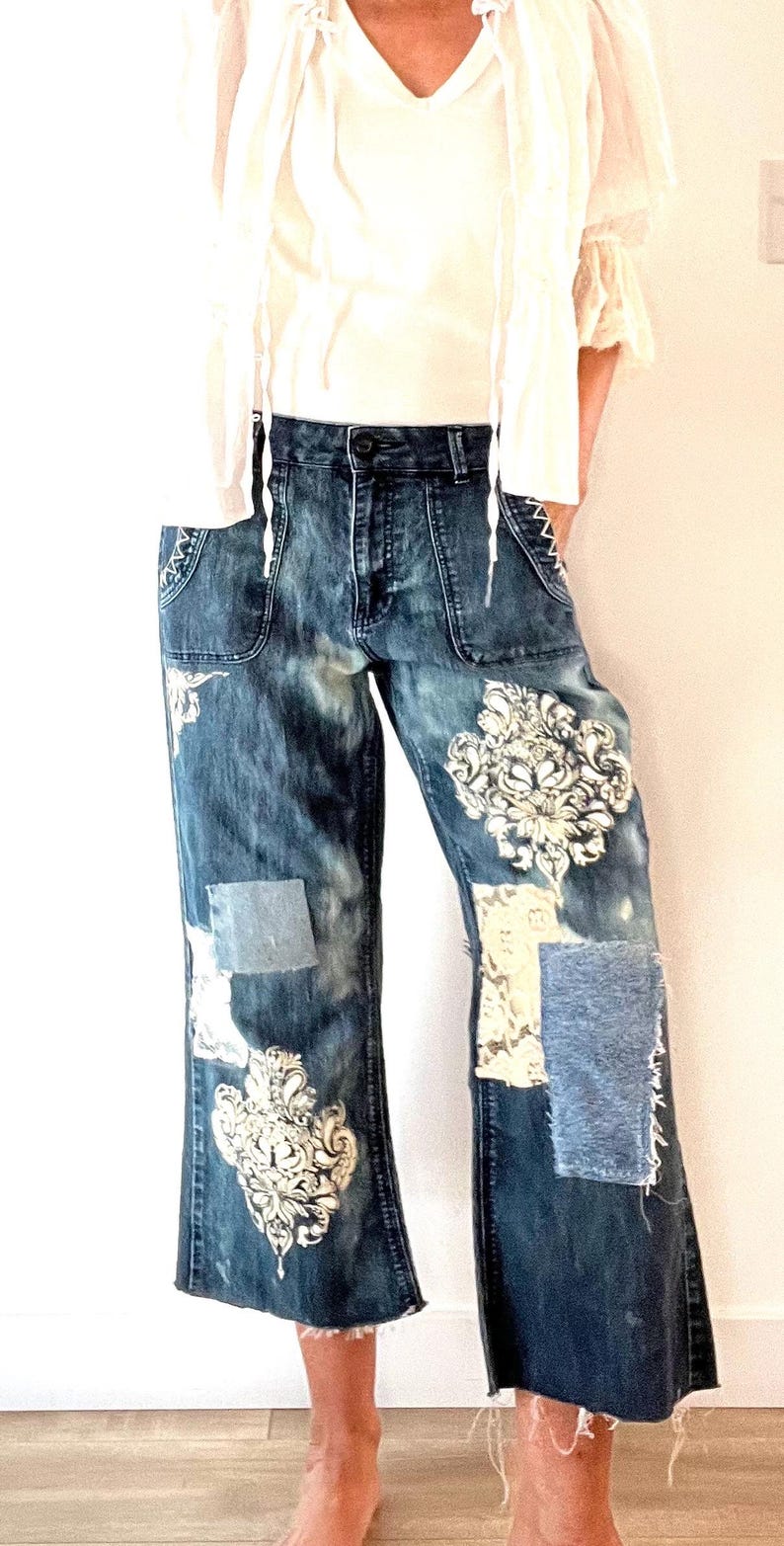 Boho Hippie Festival Mid Rise Jeans - Embellished, Patched, Painted - Etsy