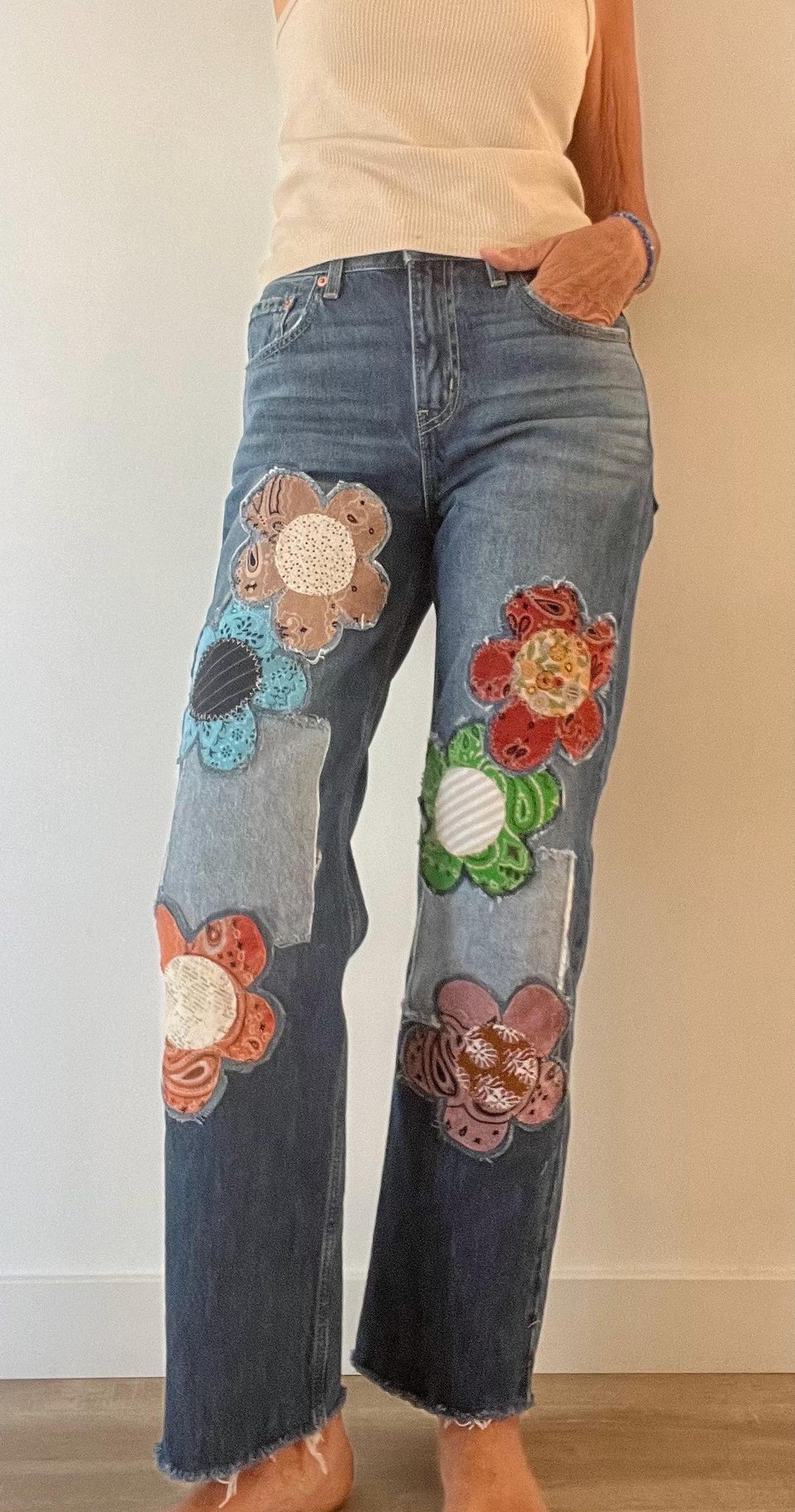 Patched Upcycled Jeans, Festival Inspo, Size 28 Levi Straight Leg Jeans ...