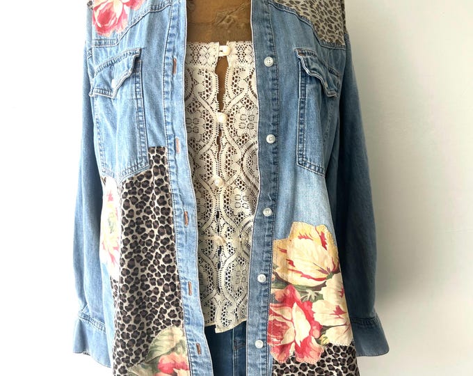 Upcycled Denim Shacket: Leopard & Floral Patches, Boho Layering Piece ...