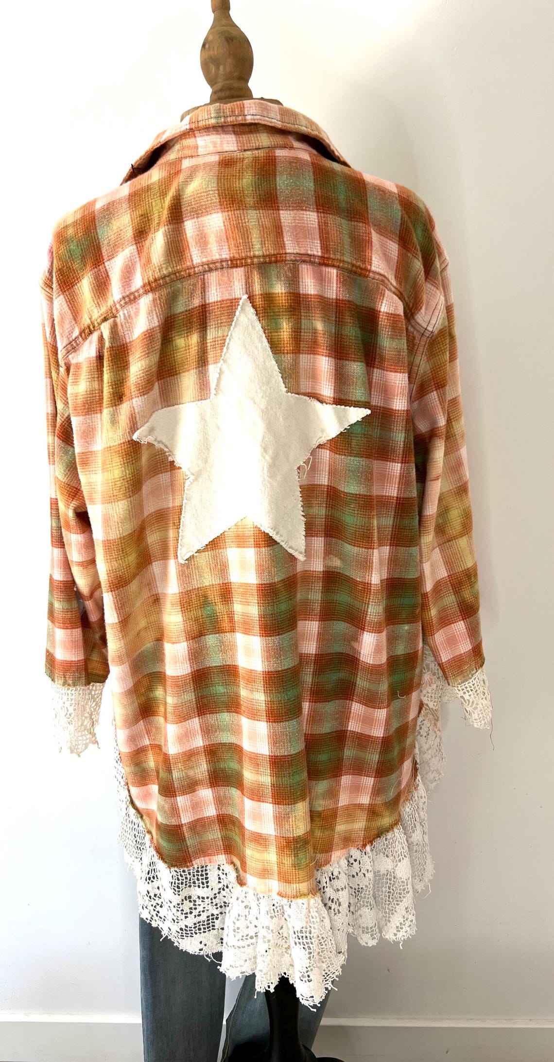 Upcycled Flannel With Tattered Lace Trim and Star Patches SZ L - Etsy