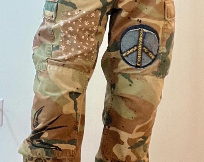 Boho Chic Army Camo Pants Paint Splattered and Embellished With Heart ...