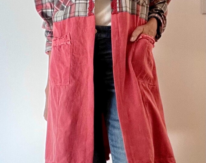 Flannel Upcycle Coat Duster Boho Chic Outerwear Layering Piece, Orange ...