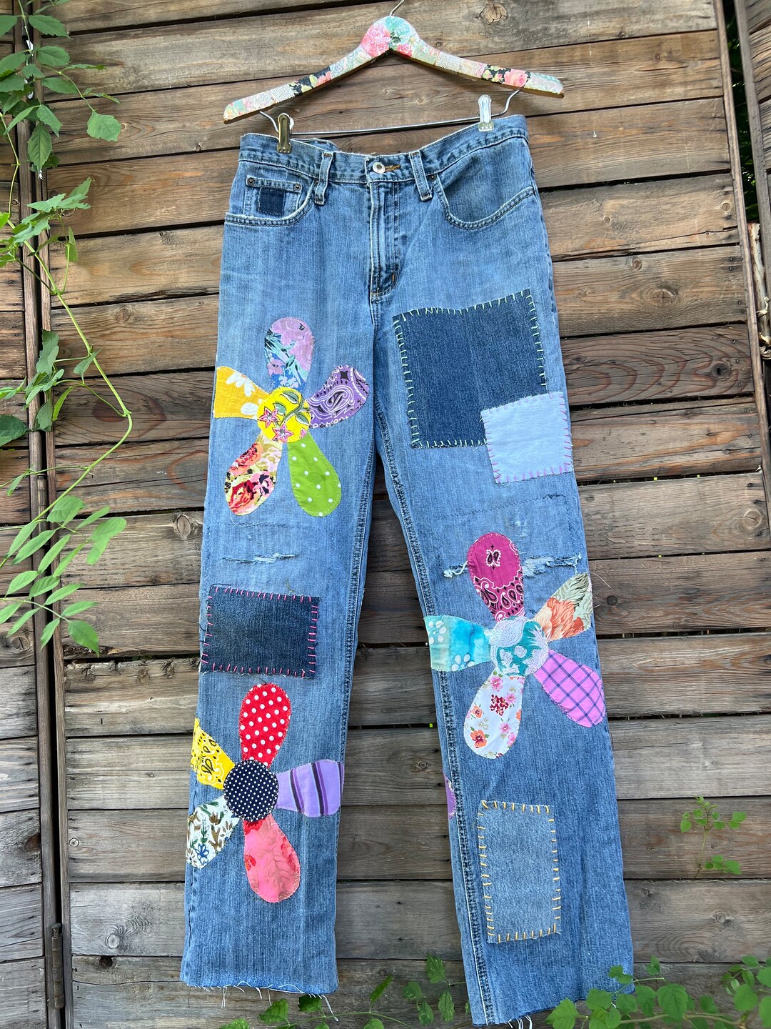Patched Upcycled Jeans, Festival Inspo, Boyfriend Hippie Jeans, Boho Style Patched Denim, Flower ...