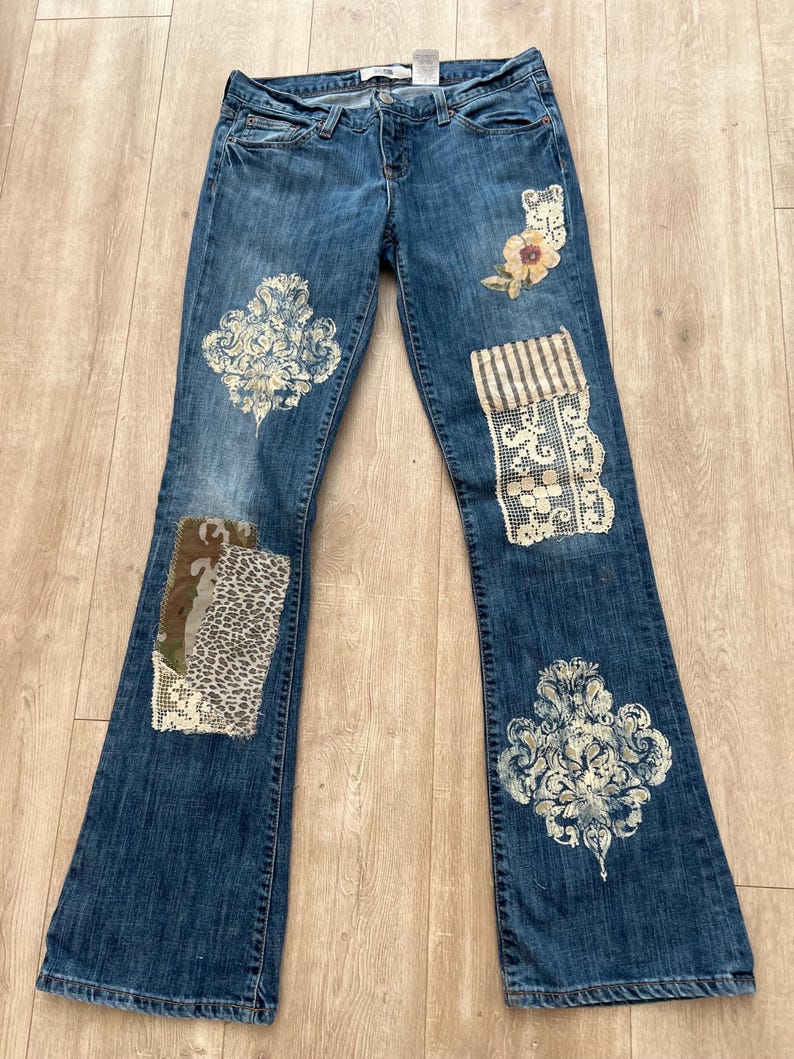 Boho Patchwork Lace Jeans, Upcycled Flare Denim, Stenciled Jeans ...