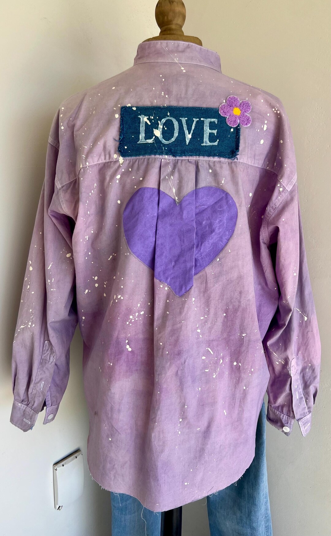 Hand Painted Patchwork Style Artistic Upcycled Eclectic Womens Sz L Top ...