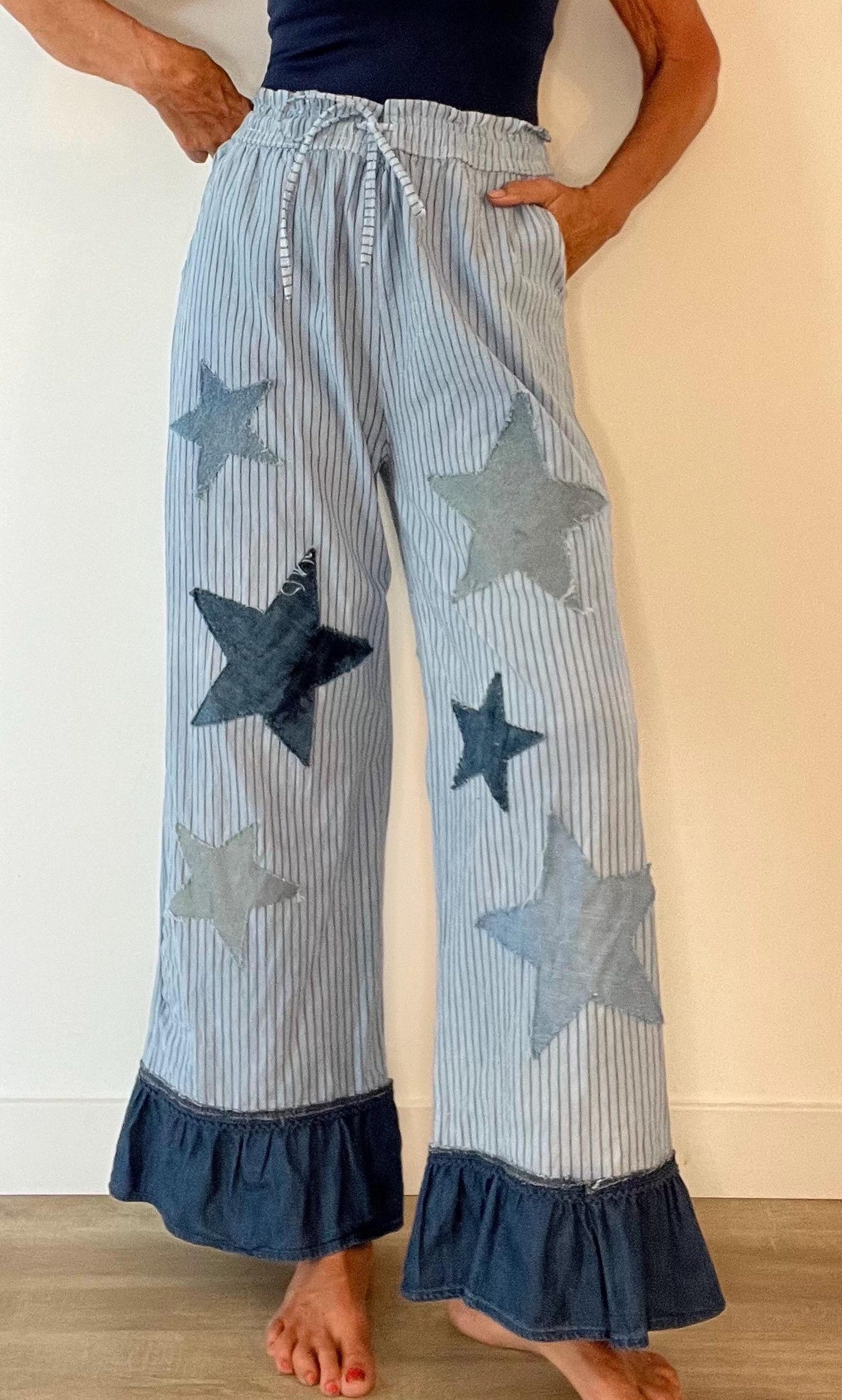 Upcycled Striped Drawstring Pants With Denim Star Patches and Ruffle ...