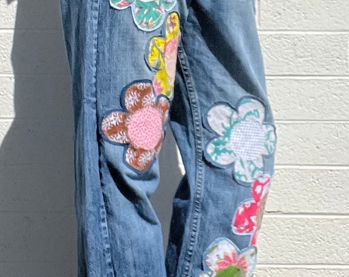 Patched Upcycled Jeans, Festival Inspo, Size 36 Boyfriend Hippie Jeans, Boho Style Patched Denim ...