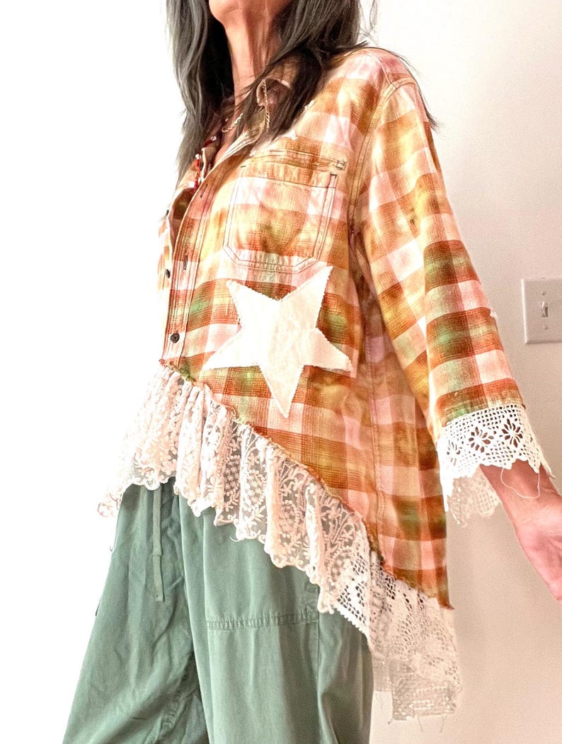 Upcycled Flannel With Tattered Lace Trim and Star Patches SZ L - Etsy