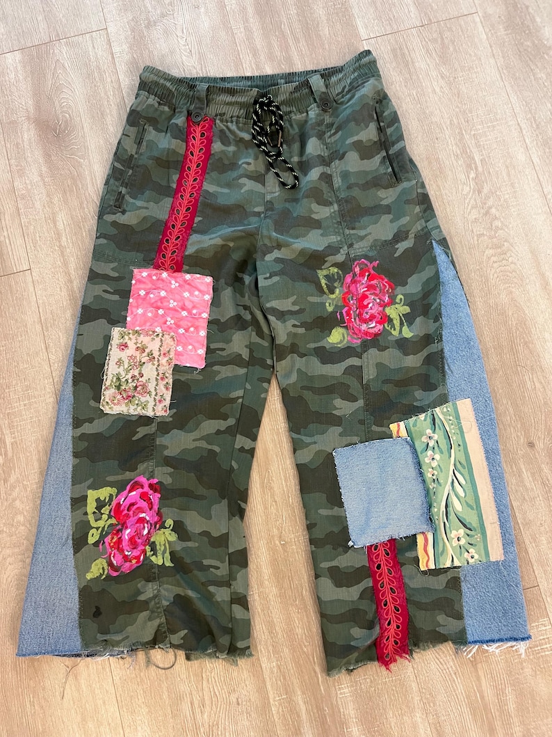 Hand-painted Camouflage Boho Pants: Upcycled Denim, Vintage Patches - Etsy