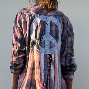 Peace Sign Plaid XL Button Down With Patches, Boho Hippie Festival Peace Sign Shirt, Butterfly ...
