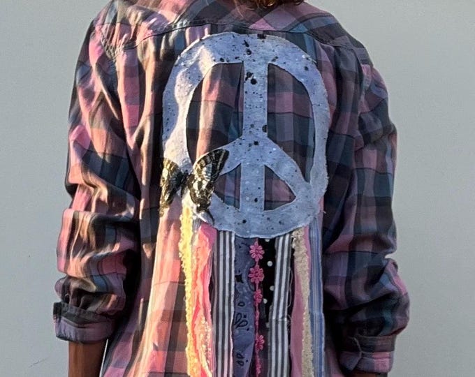 Peace Sign Plaid XL Button Down With Patches, Boho Hippie Festival ...