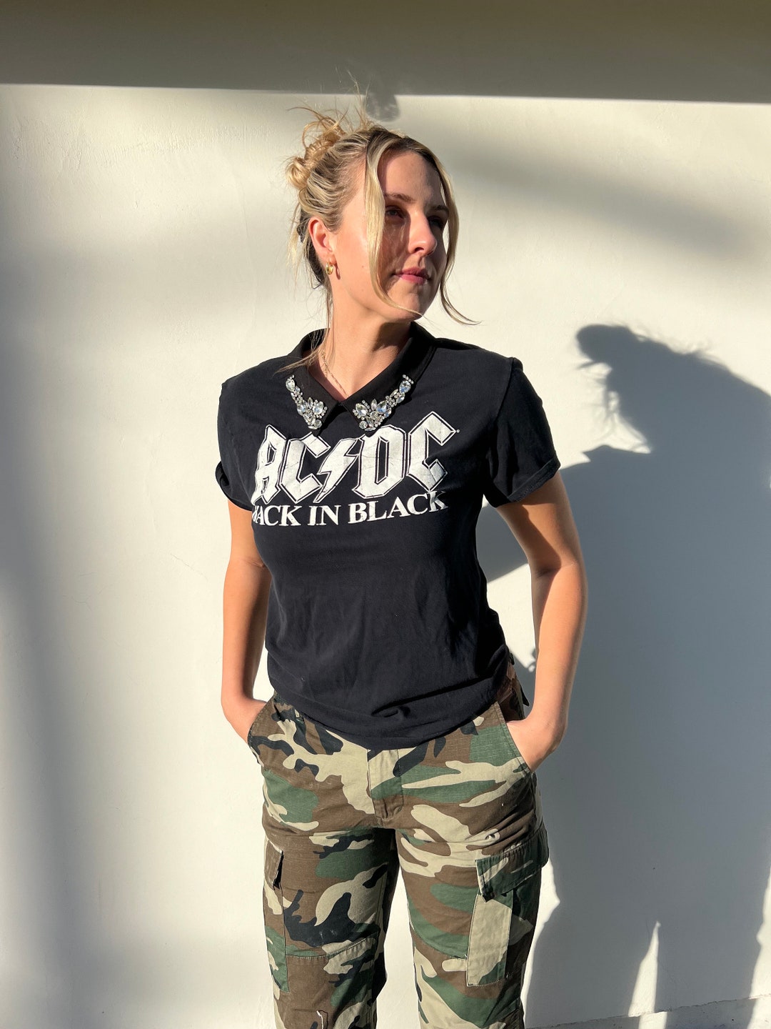 Reconstructed Band Tee With Bling Collar Embellishment, Reconstructed ...