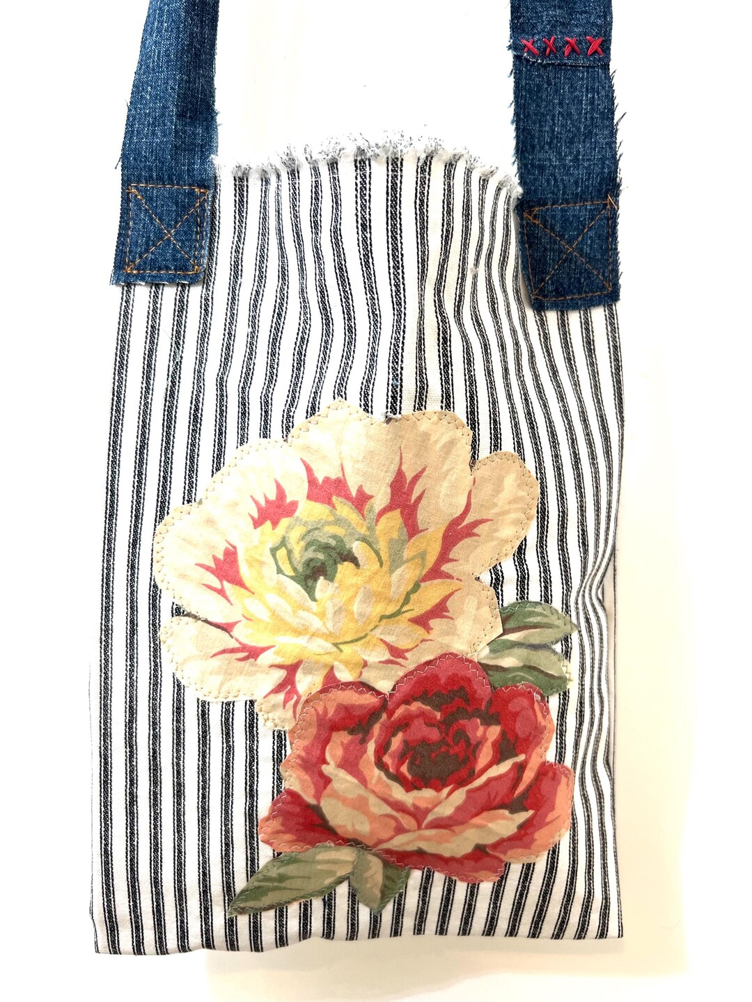 Pinstripe Floral Applique Crossbody Bag, Upcycled Denim Strap - Etsy