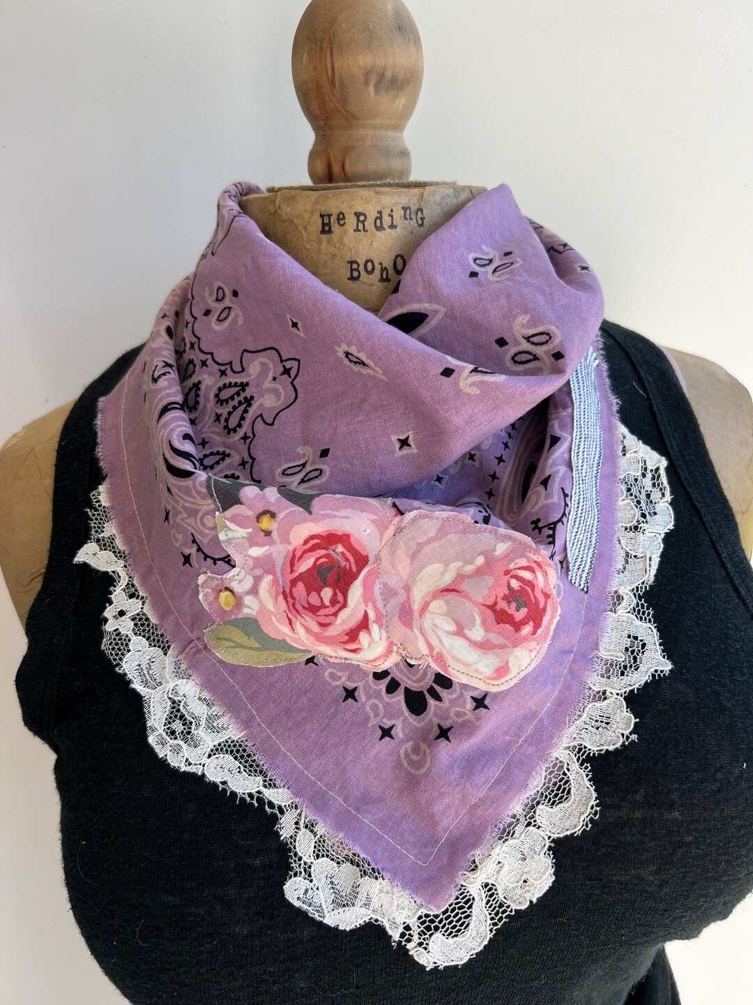 Distressed and Embellished Flower Bandana , Boho Western Repurposed ...