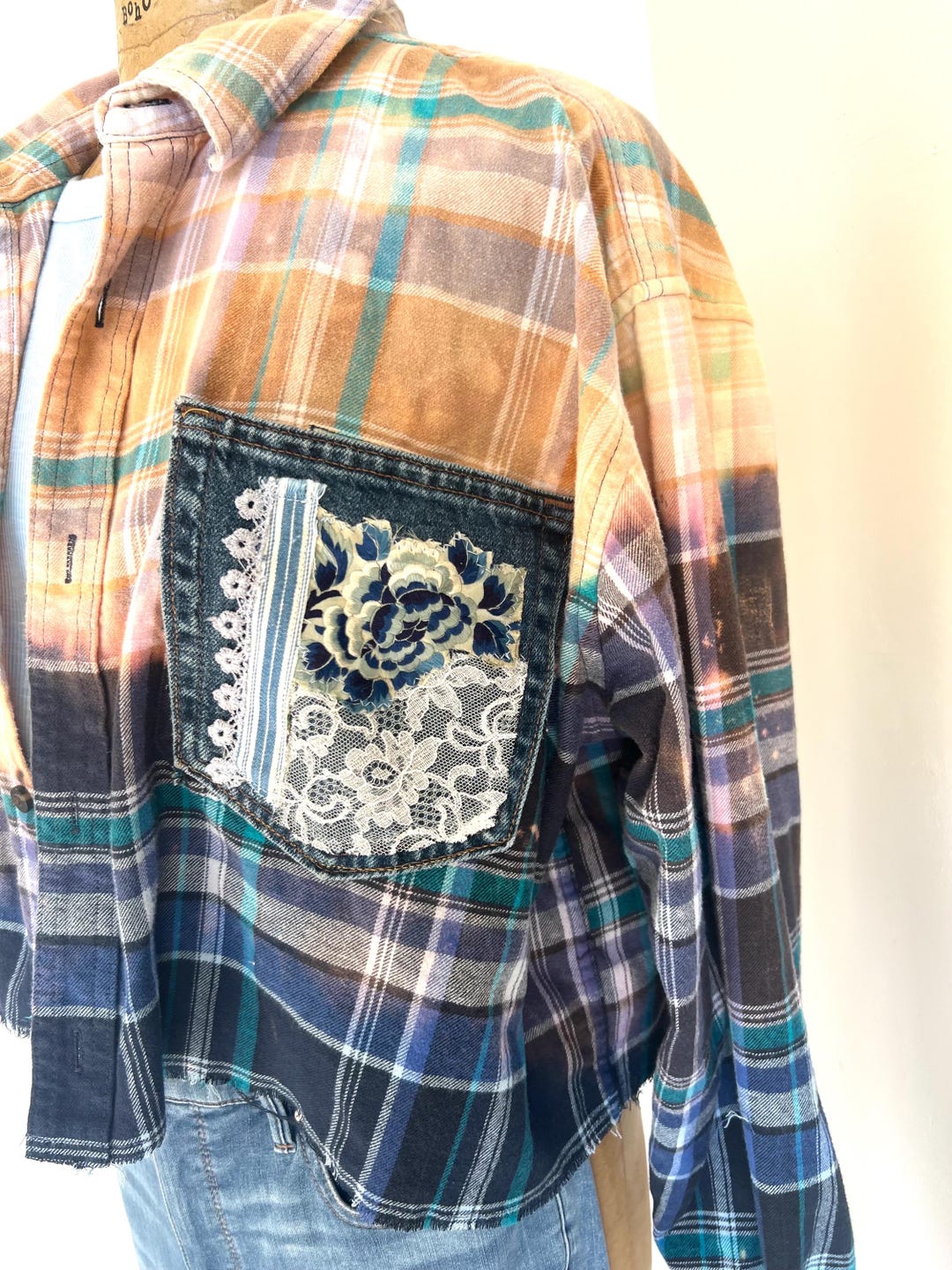 Bleached Plaid Flannel Shirt, Boho Patchwork Denim Pocket Cropped ...