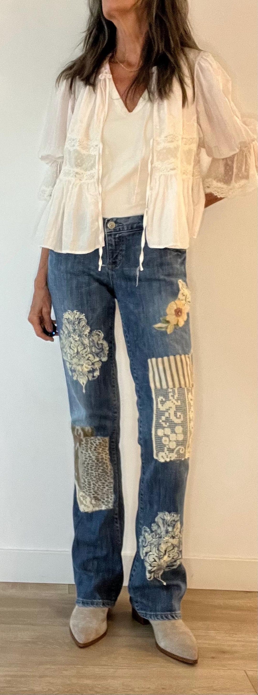 Boho Patchwork Lace Jeans, Upcycled Flare Denim, Stenciled Jeans ...