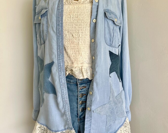 Lightweight Denim Shirt With Star Applique and Lace Bottom, Boho Shabby ...