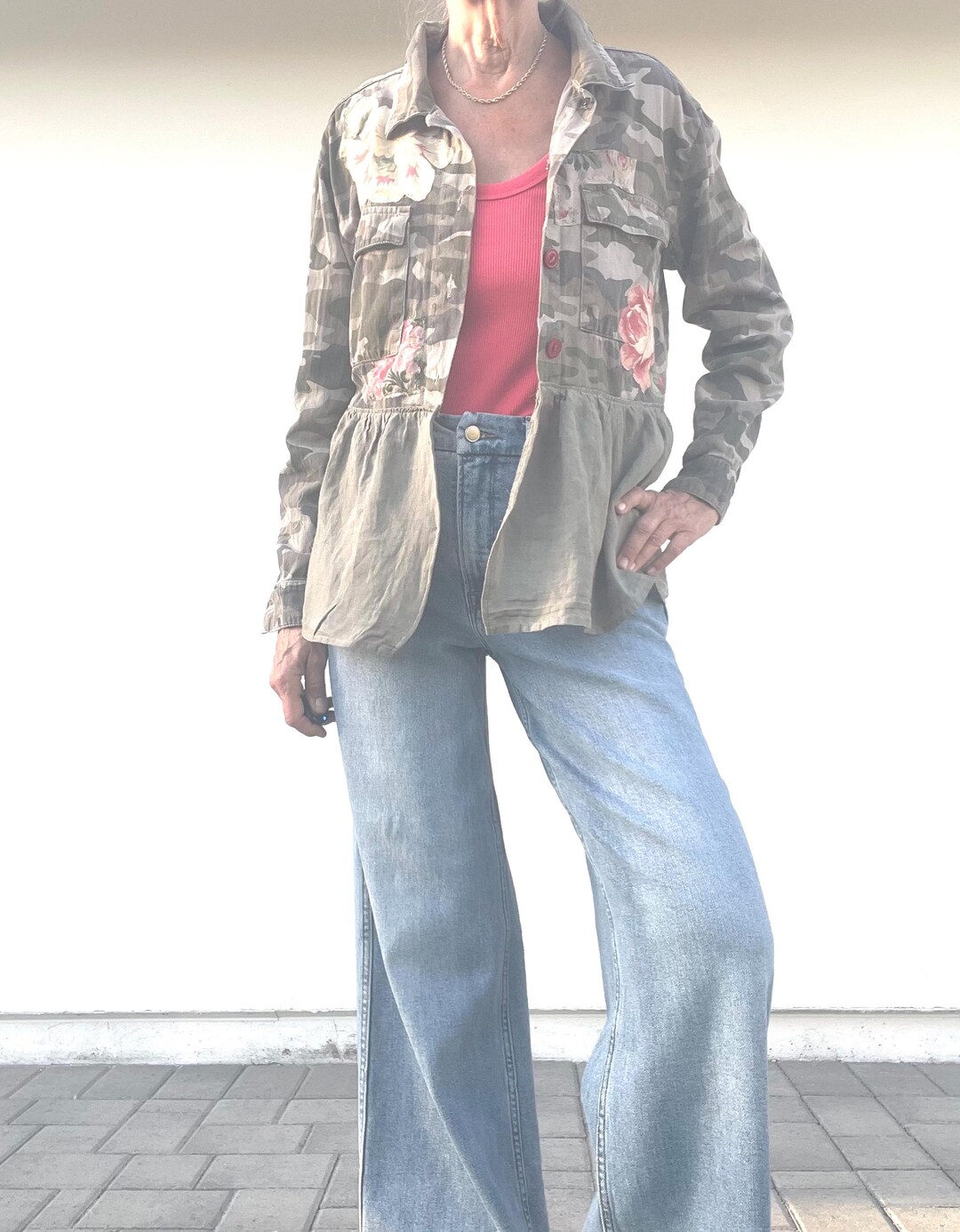 Camo Jacket With Flower Applique and Patches, Boho Upcycled Lightweight ...