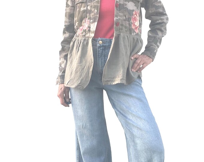 Camo Jacket With Flower Applique and Patches, Boho Upcycled Lightweight ...