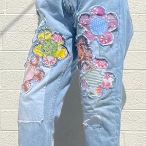 Patched Upcycled Jeans, Festival Inspo, Size 36 Boyfriend Hippie Jeans ...