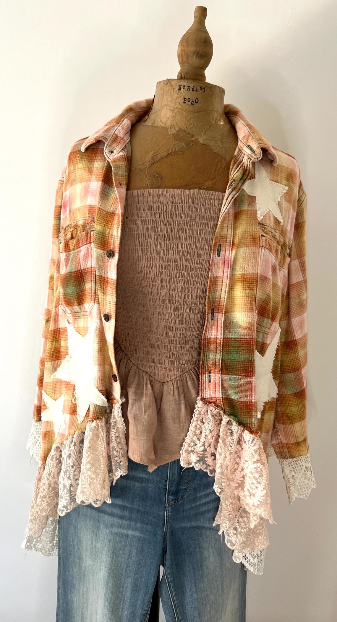 Upcycled Flannel With Tattered Lace Trim and Star Patches SZ L - Etsy
