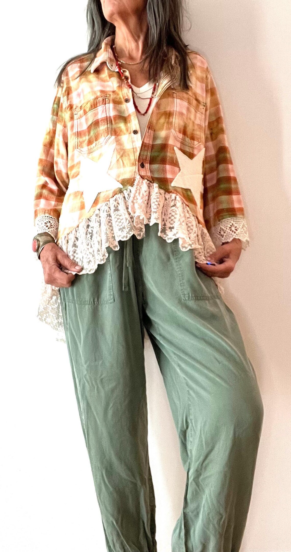 Upcycled Flannel With Tattered Lace Trim and Star Patches SZ L - Etsy