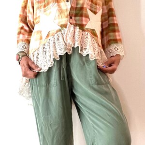 Upcycled Flannel With Tattered Lace Trim and Star Patches SZ L - Etsy