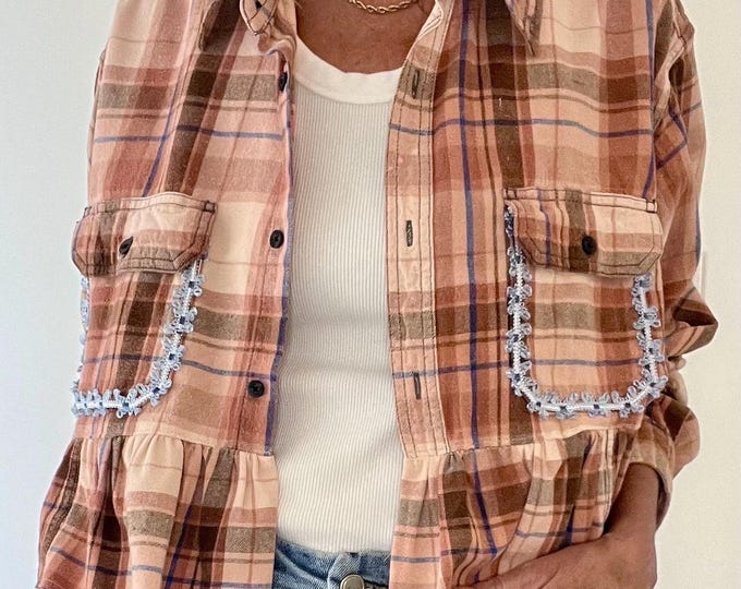 Rustic Boho Brown Cropped Embellished Upcycyled Flannel Top, Ruffle ...