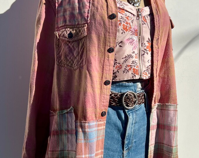 Patched Button Down Bleached Flannel Shirt With Contrasting Patches ...